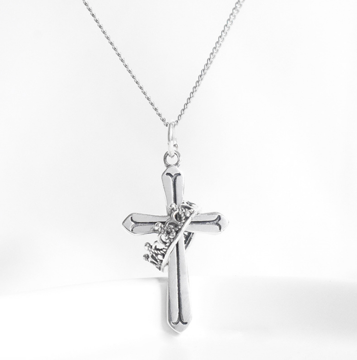 925 Sterling Silver Cross Jesus with Crown Ring Pendant Necklace 18 ...