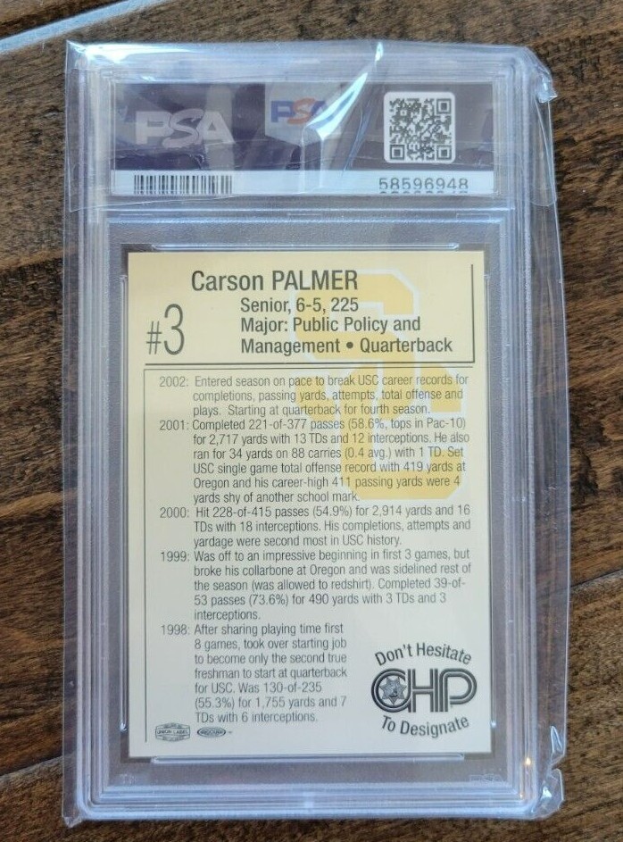 2002 CHP USC TROJANS CARSON PALMER ROOKIE CARD BENGALS RAIDERS PSA 10 ...