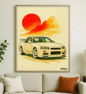Nissan Skyline R34 Sunset Poster: JDM Watercolor Car Art | eBay