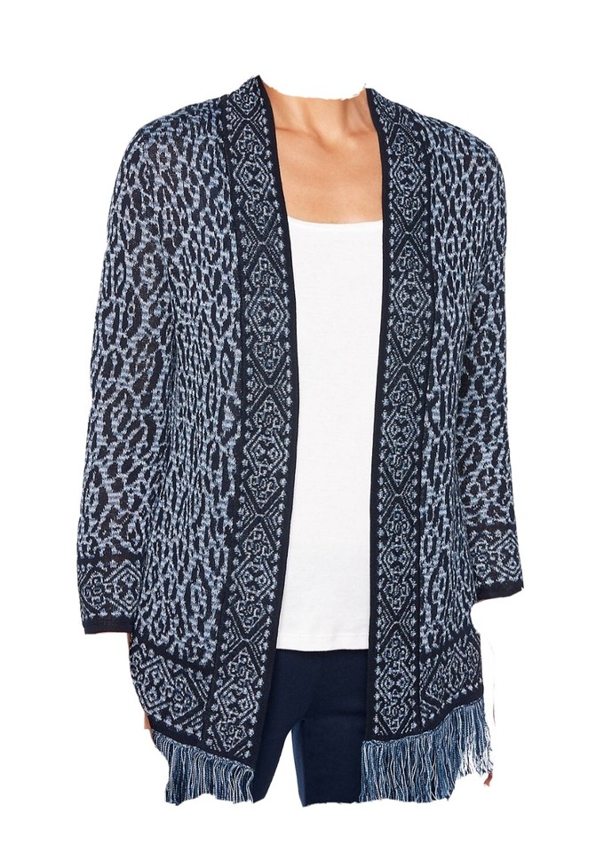 Ruby Rd Cardigan/Sweater Petite Navy Open Front Fringe Knit Leopard ...