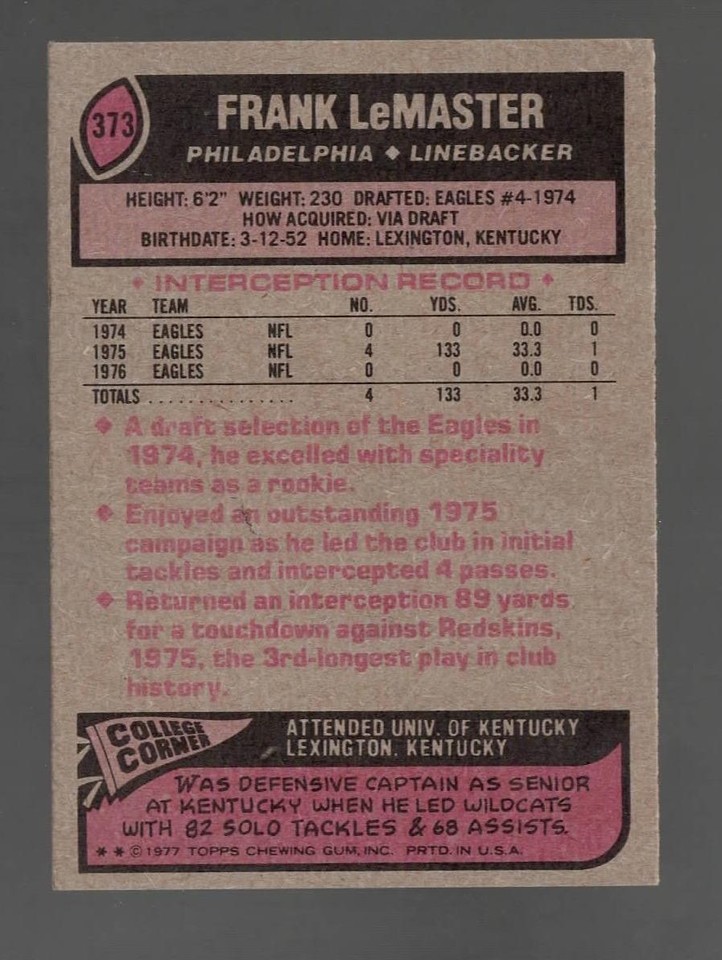 1977 Topps Frank LeMaster Philadelphia Eagles #373 Excellent | eBay