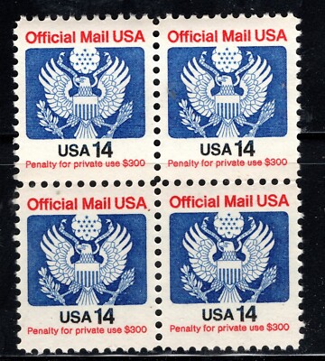 US Stamp Scott #O129A, 14c, Official Mail, Block of 4, OG, MNH, SCV$1. ...