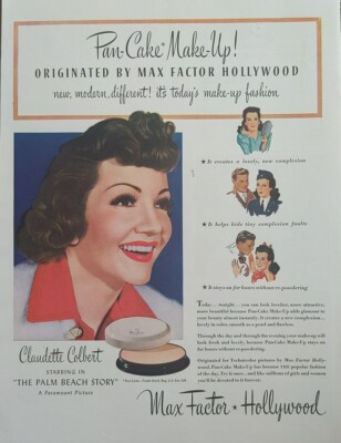 1945 vintage Max Factor Hollywood print ad. Featuring Claudette Colbert ...