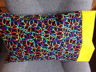 TRAVEL--TODDLER SIZE PILLOWCASE PEACE SIGN/ YELLOW CUFF 12" X 18" #4161 ...
