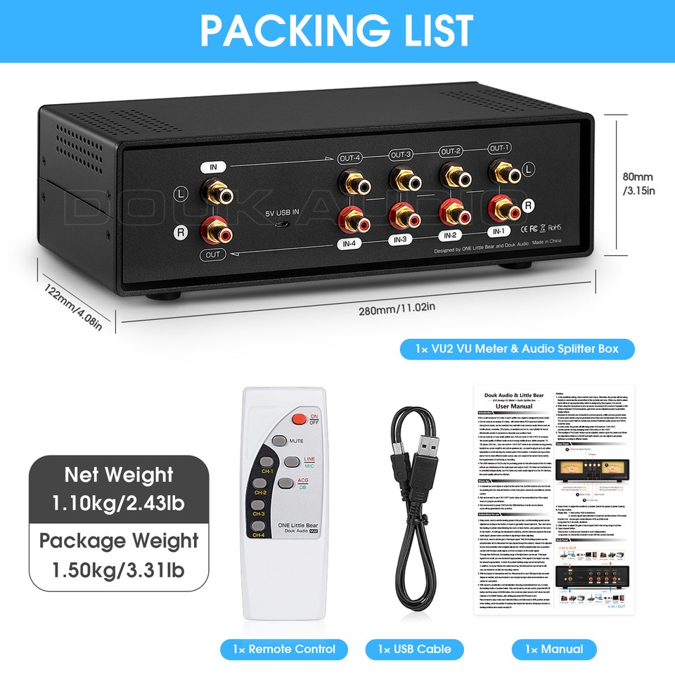 Douk Audio VU2 Dual Analog VU Meter Display 4-way RCA Audio Selector ...