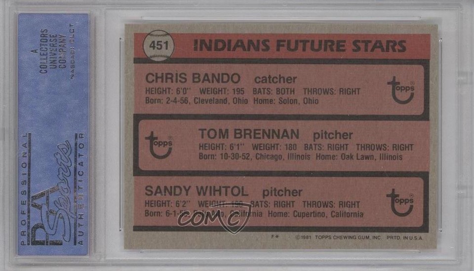 1981 Topps Future Stars Chris Bando Tom Brennan Sandy Wihtol PSA 9 ...