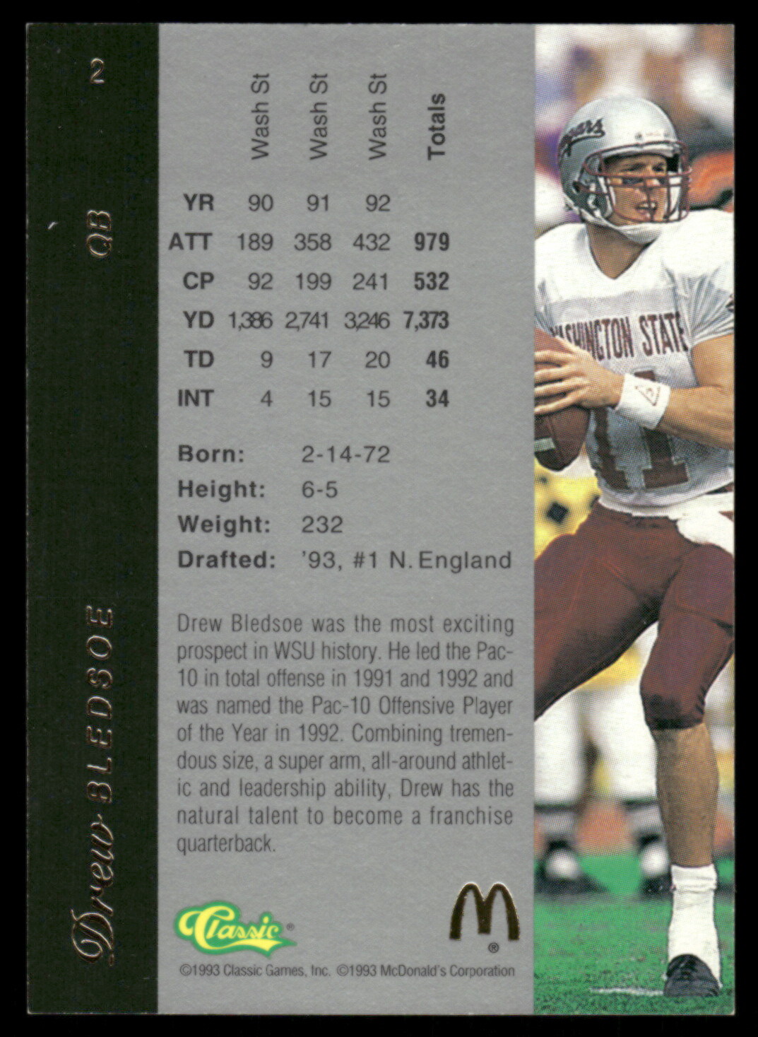 1993 Classic Four Sport Exclusive Collection #2 Drew Bledsoe Rookie ...