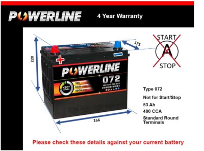 Car Battery 072 Powerline 072 480A 53Ah 4Yr Warranty 266x175x220 | eBay UK