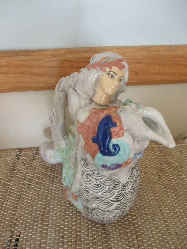 NEW Large BLUE SKY Goldminc Mermaid Teapot, Shells, Coastal, Nautical ...