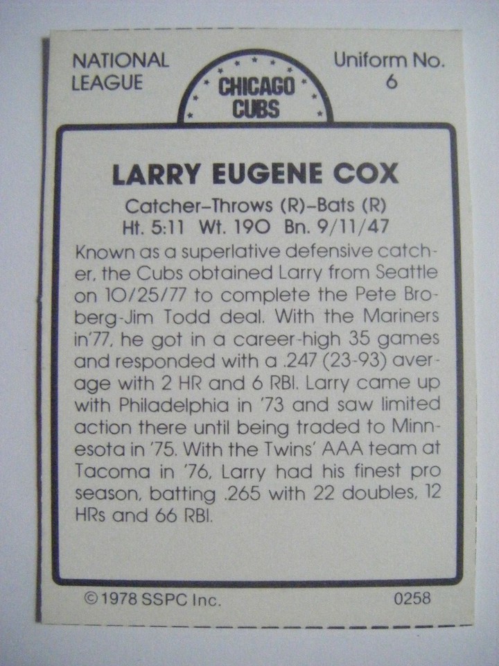 LARRY COX RARE 1978 SSPC baseball card CUBS BLUFFTON BELLEFONTAINE ...