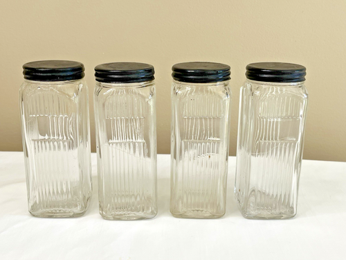 Lot 4 Vintage Hoosier Cabinet Rectangular Ribbed 5" Glass Spice Jars ...