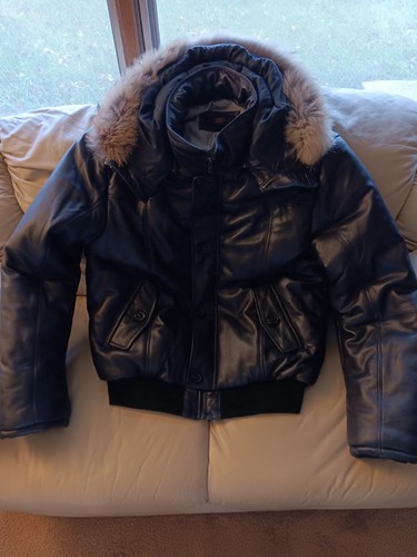 Jake Wood Black Leather Bomber Jacket Size XL With Fur Collar | eBay