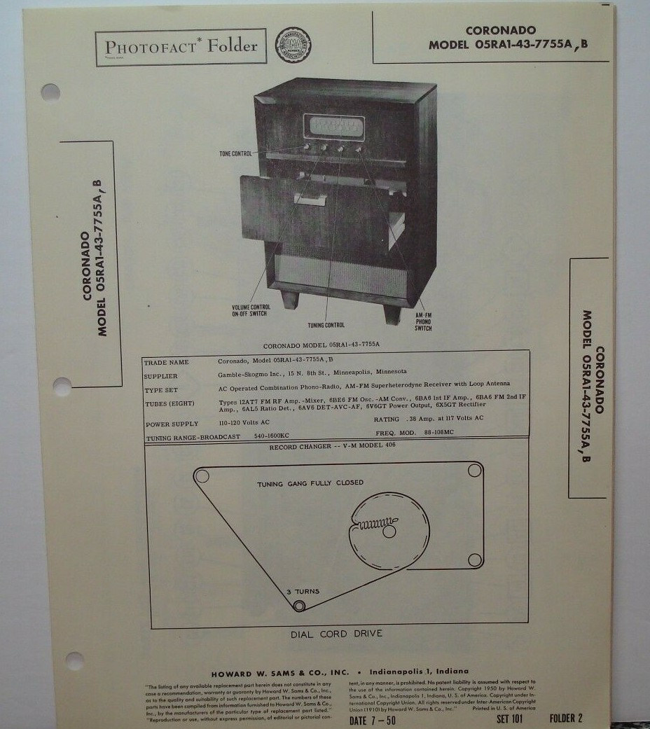 SAMS PHOTOFACT FOLDER 101-2 CORONADO RADIO RECORD PLAYER MODEL 05RA1-43 ...