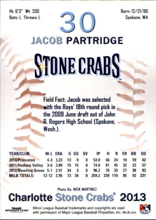 2013 Charlotte Stone Crabs Grandstand 22 Jacob Partridge Spokane ...