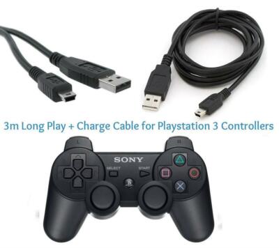 3M Long Play & Charge Cable for PS3 Controller GamePad Pad Charging ...