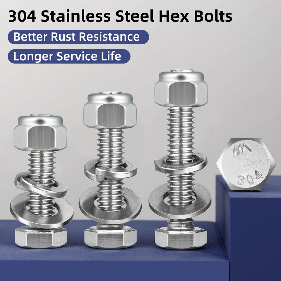 Hex Bolt Nut Washer Kit 304 Stainless Steel 5/16-18x3 Inch Full Thread ...