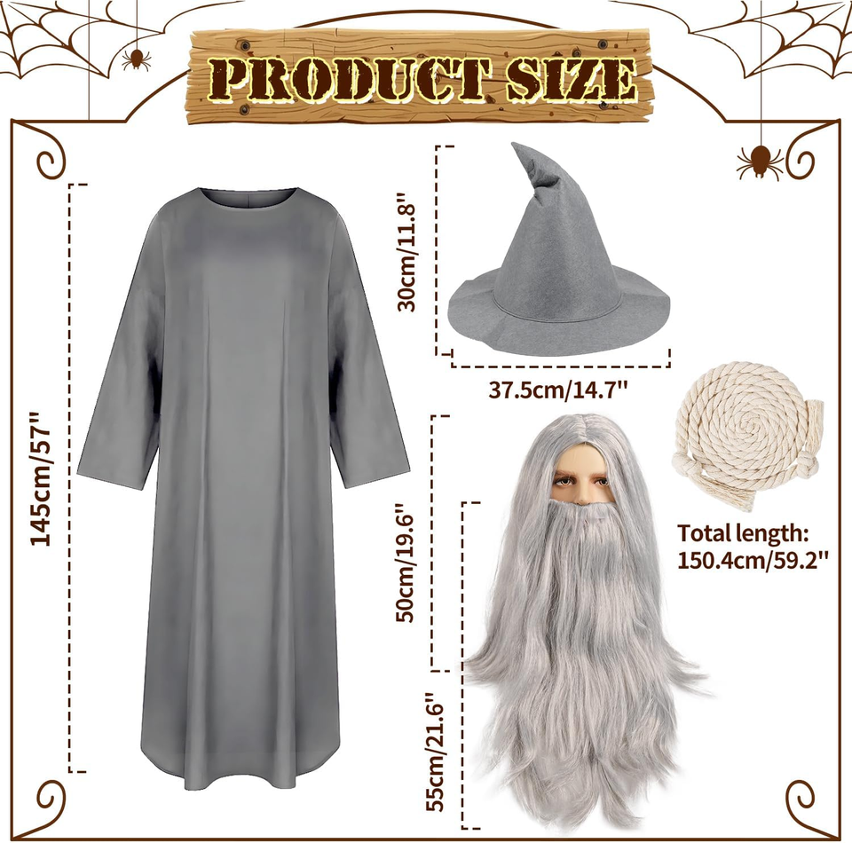 Gray Wizard Costume Set for Adults, 5-Piece Sorcerer Outfit with Felt ...