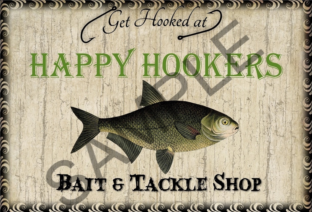Vintage Wooden Sign Bait and Tackle Shop Happy Hookers Crackle Faux ...