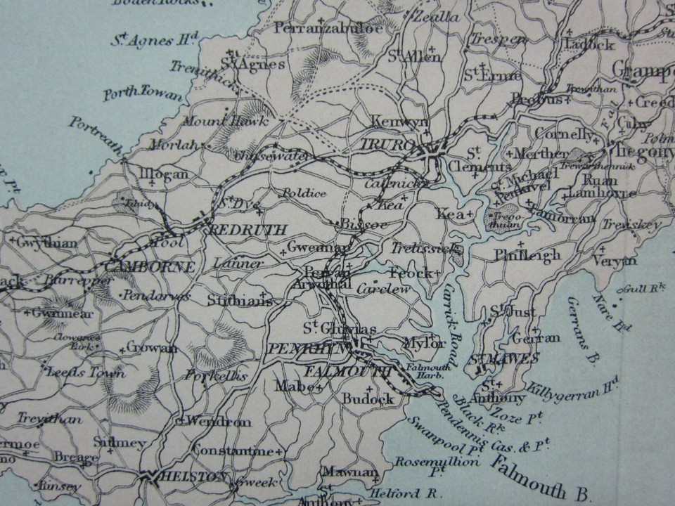 1868 MAP ENGLAND ~ CORNWALL BODMIN PENZANCE CAMELFORD FOWEY SCILLY ...