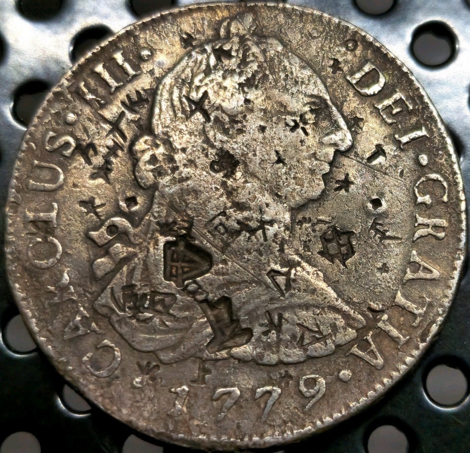 8 Reales 1779 LIMAE MJ Charles III *HALSEWELL SHIPWRECK* Chopmarked ...