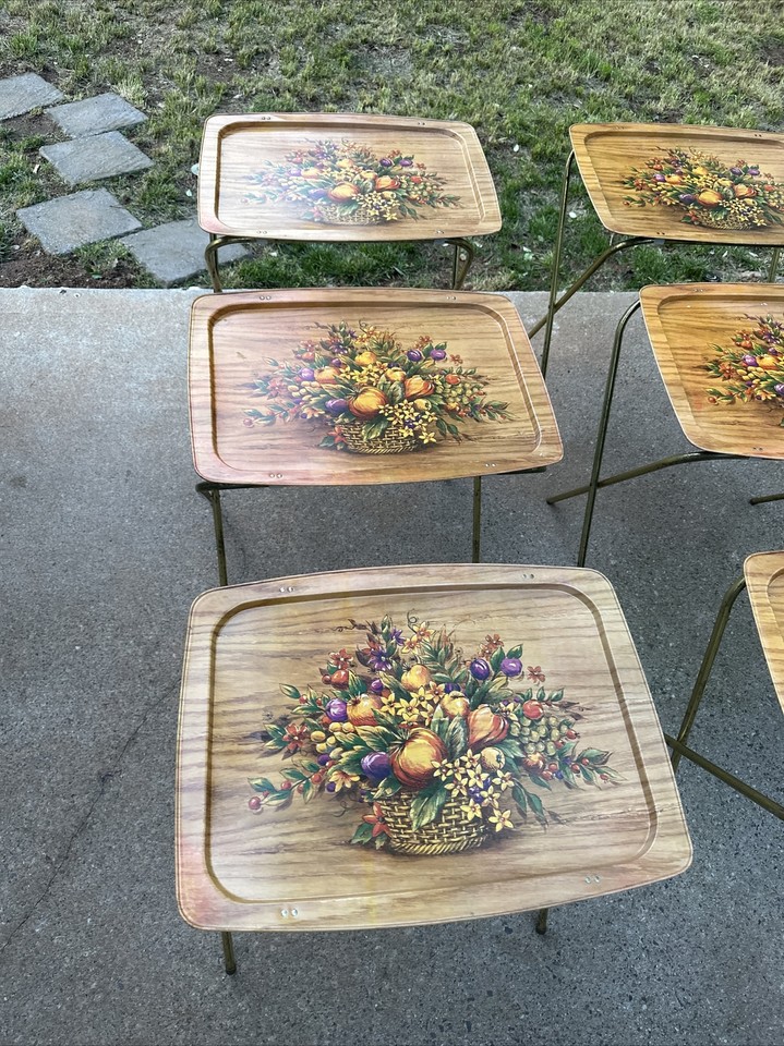Vintage Set of 6 MCM Floral TV Tray Tables Metal Fruit Basket | eBay