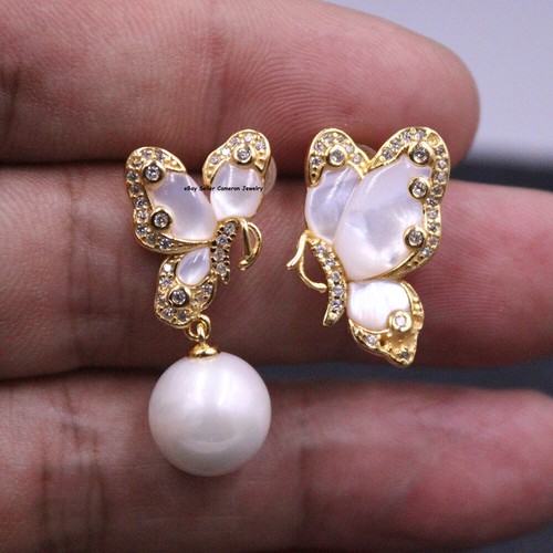 Pure S925 Sterling Silver Fresh Water Pearl Butterfly Zircon Stud ...