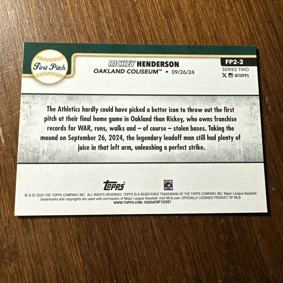 2025 Topps Series 2 Rickey Henderson First Pitch Insert #FP2-3 A's Athletics | eBay