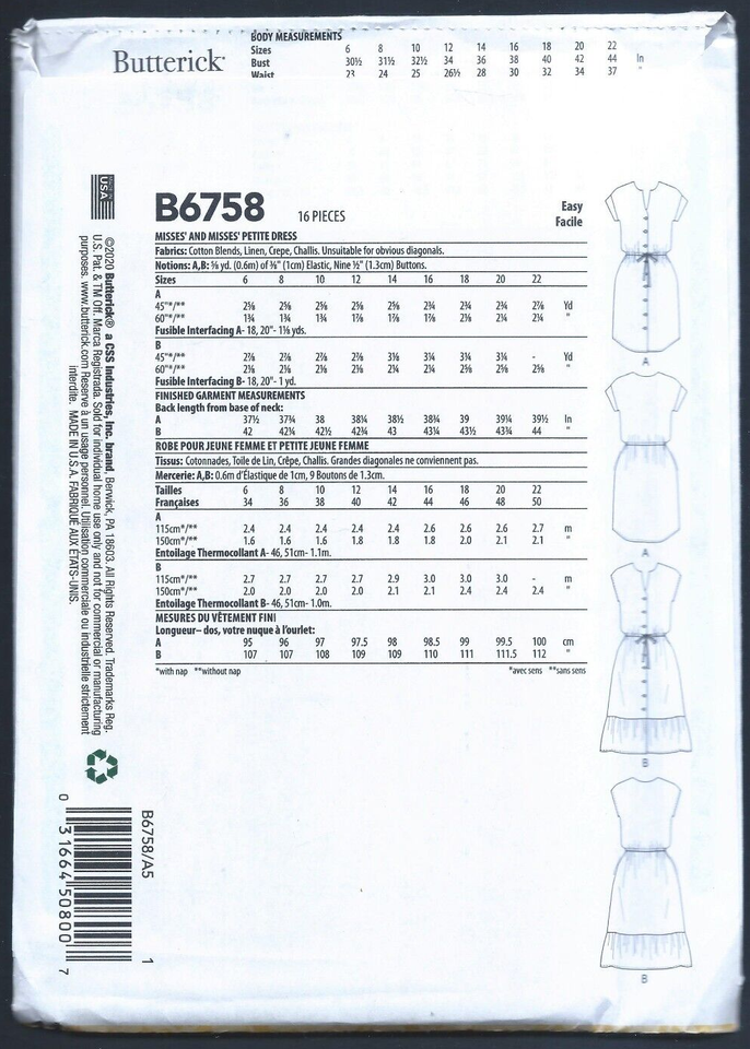 NEW/UNCUT Butterick B6758 Misses Dress Pattern 2 Variations (Sizes 6-14 ...