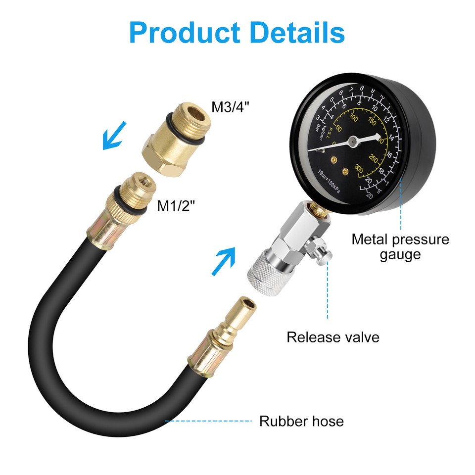 Compression Tester Gauge Kit 0-300PSI Triple Scale Tool for Engine ...