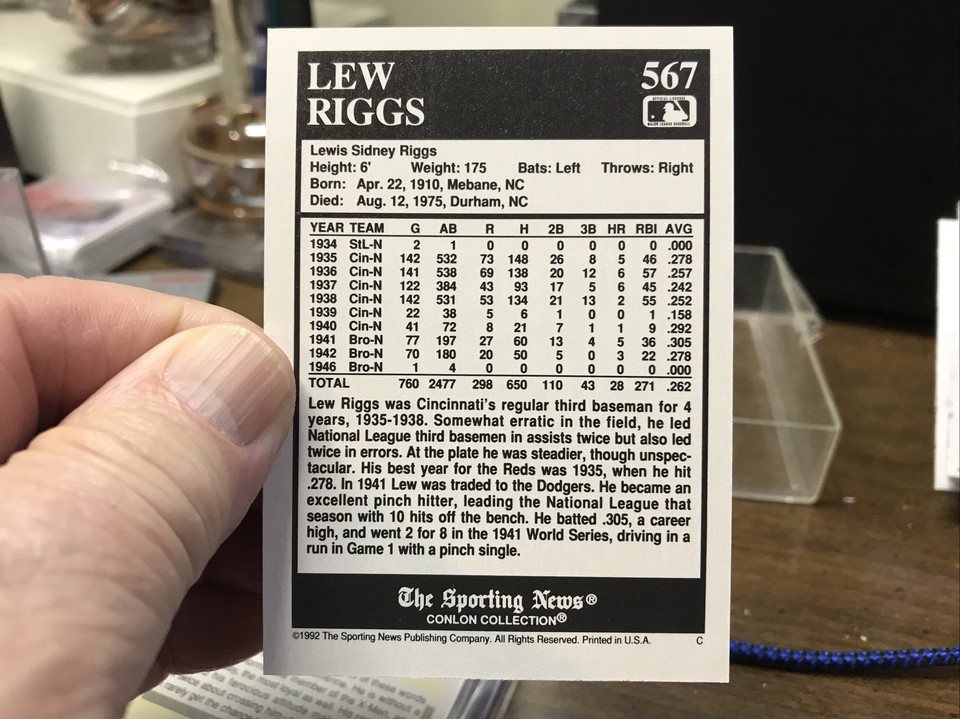 1992 The Sporting News Conlon Collection Lew Riggs #567 | eBay
