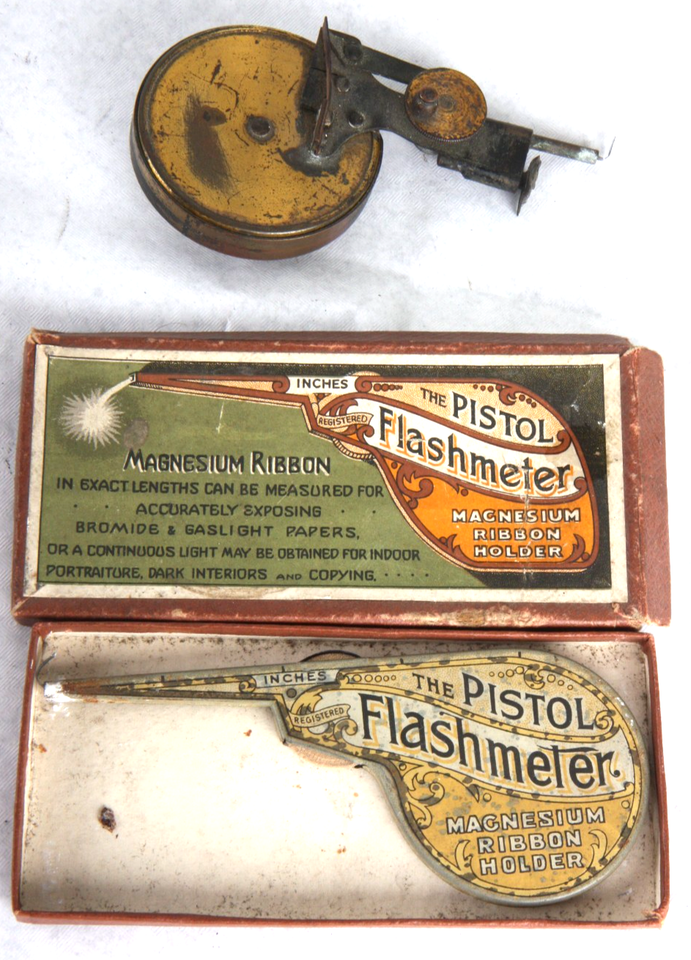 antique BRASS MAGNESIUM FLASH GUN lamp and PISTOL FLASH-METER, boxed | eBay