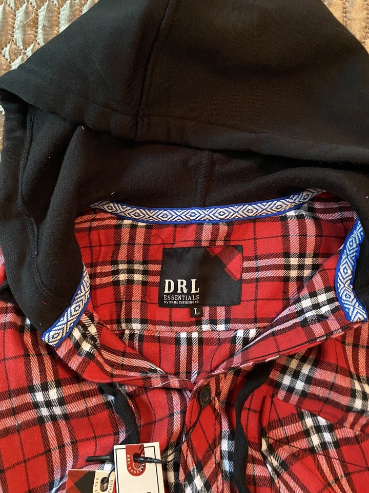 DRL Essentials Long Sleeve Shirt Men’s Sz L Button Up Hooded Red Black ...