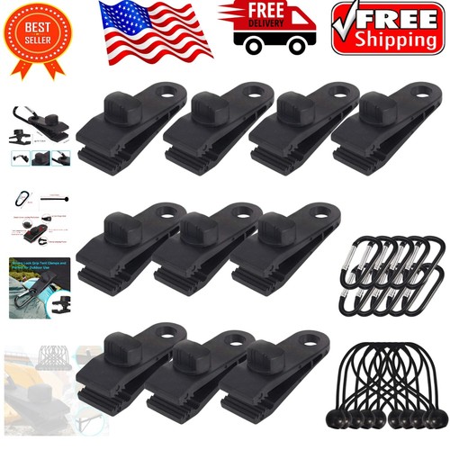 Tarp Clips Pack: 10 Heavy-Duty Lock Grip Clips with Bungee, D-Shaped ...