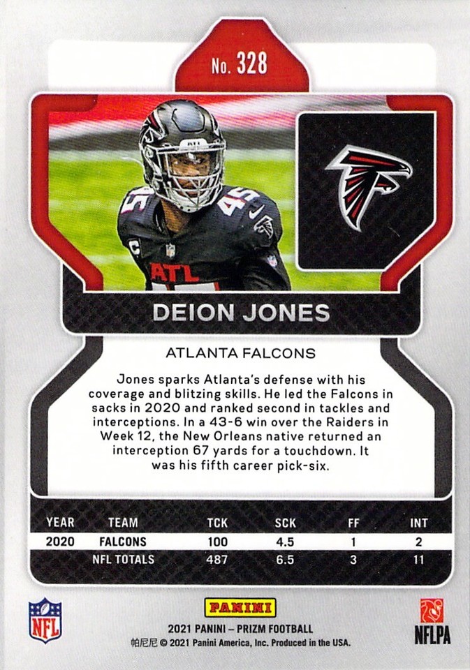 Deion Jones 2021 Panini Prizm Football Chrome Base Card #328 Atlanta ...