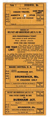 BELFAST & MOOSEHEAD LAKE RR. Interline Ticket ( unused ) | eBay