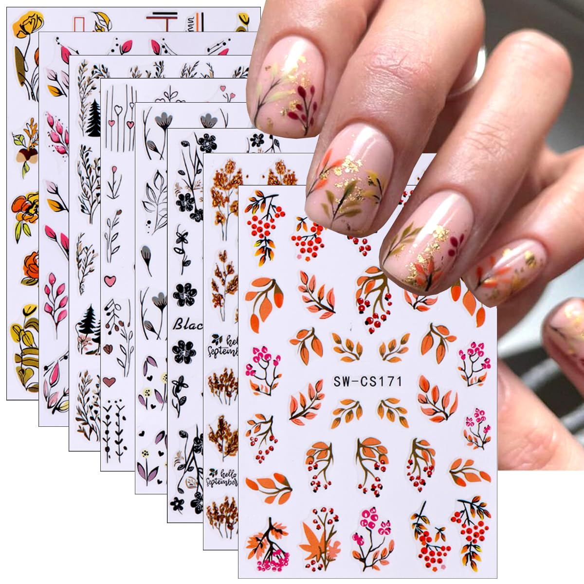 8 Sheets 3D Fall Leaves Nail Art Stickers for Autumn Nail Decorations ...