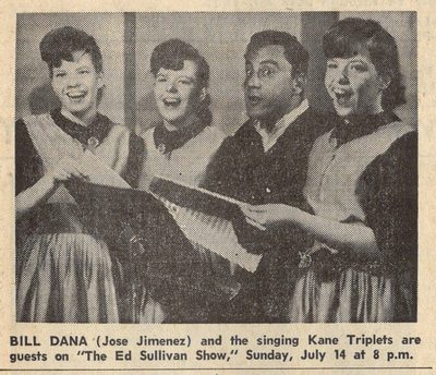 1963 TV AD~BILL DANA SINGS WITH THE KANE TRIPLETS on the ED SULLIVAN ...