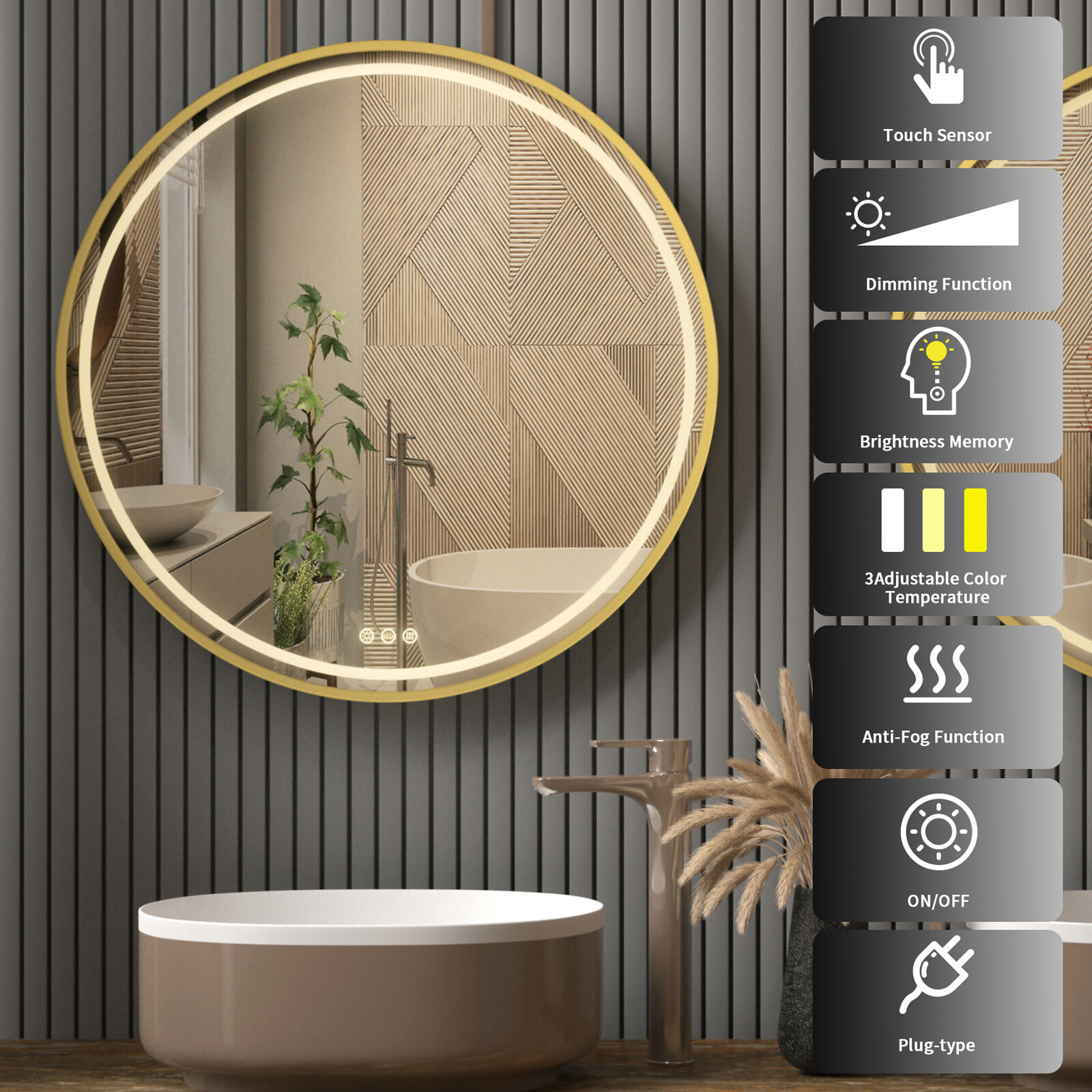 Chic Round LED Illuminated Bathroom Mirror Demister Hanging Salon ...