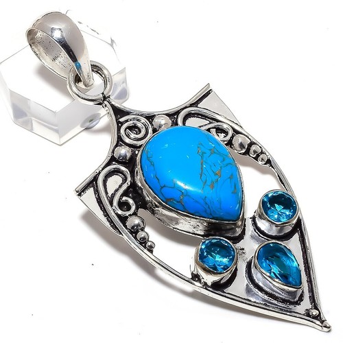 Copper Blue Turquoise, Blue Topaz Gemstone 925 Sterling Silver Pendant ...