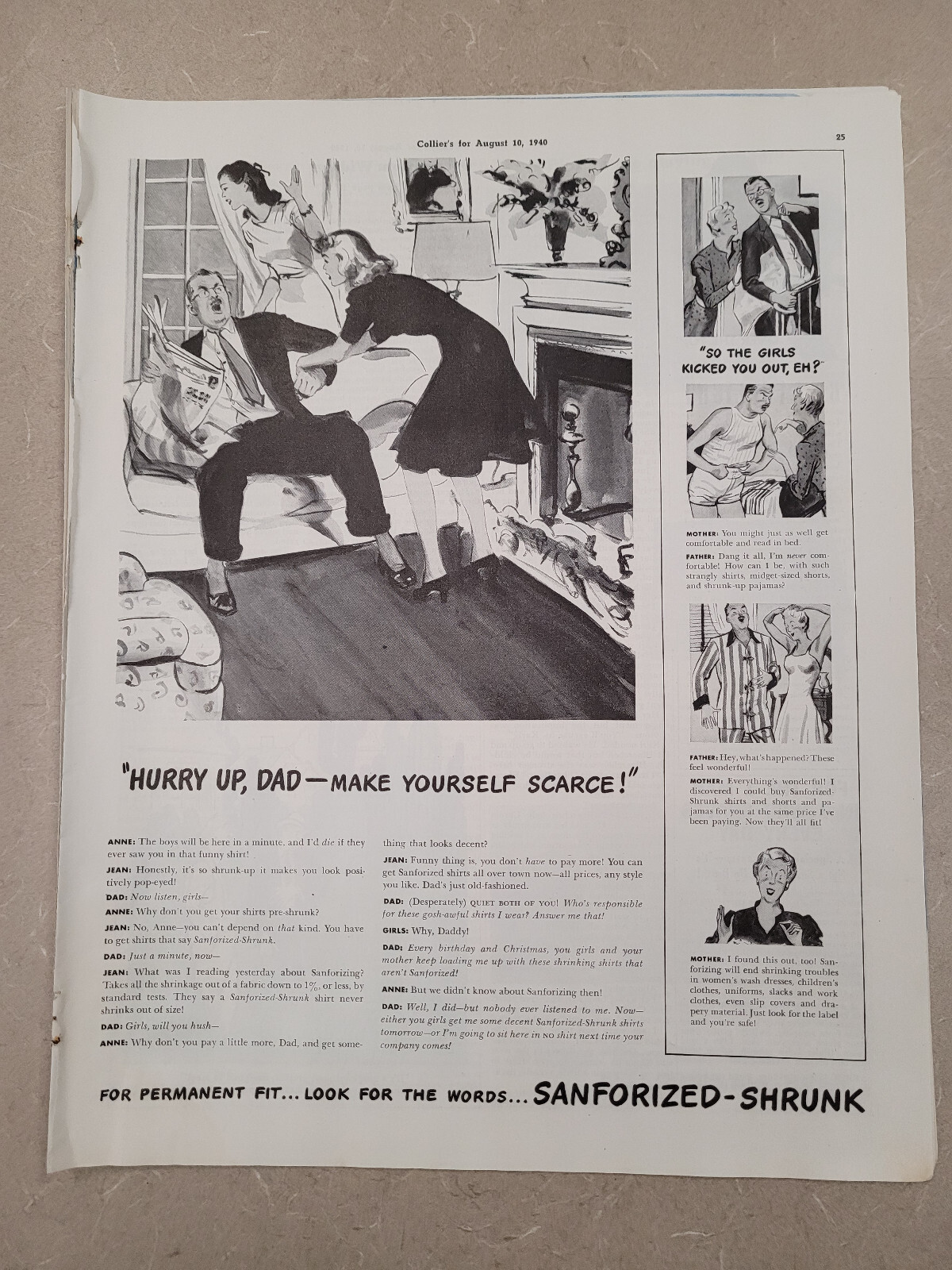 VTG 1940 Orig Magazine Ad Sanforized Shrunk Clothing HURRY UP DAD MAKE ...
