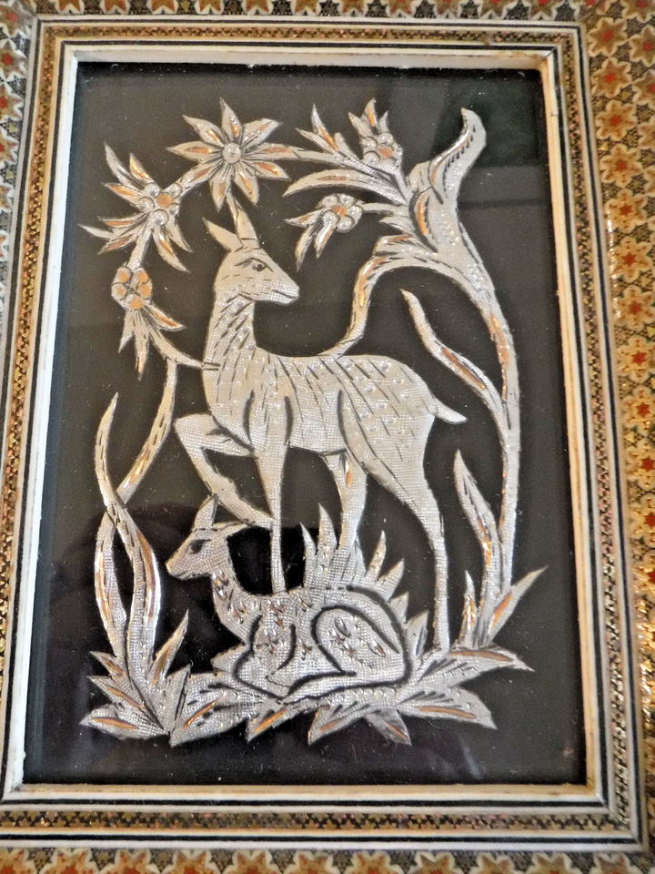 PERSIAN SILVER & COPPER PICTURE DEER 10"/26cm X 8"/21cm KHATAM KARI ...