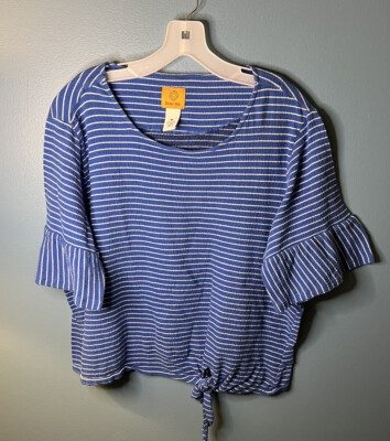 Ruby Rd Blue/w white stripe bell sleeve top XL FREE SHIP | eBay