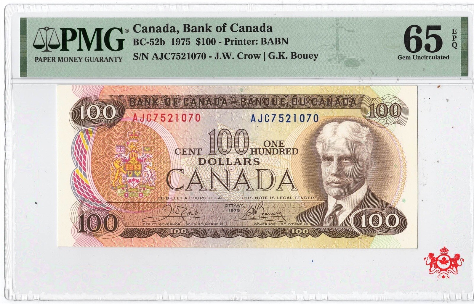 1975 Bank Of Canada 100$ Crow/Bouey Short Run AJC7521070 - PMG UNC65 ...