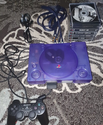 Playstation PS1 Console Bundle Transparent Purple x7 Games | eBay