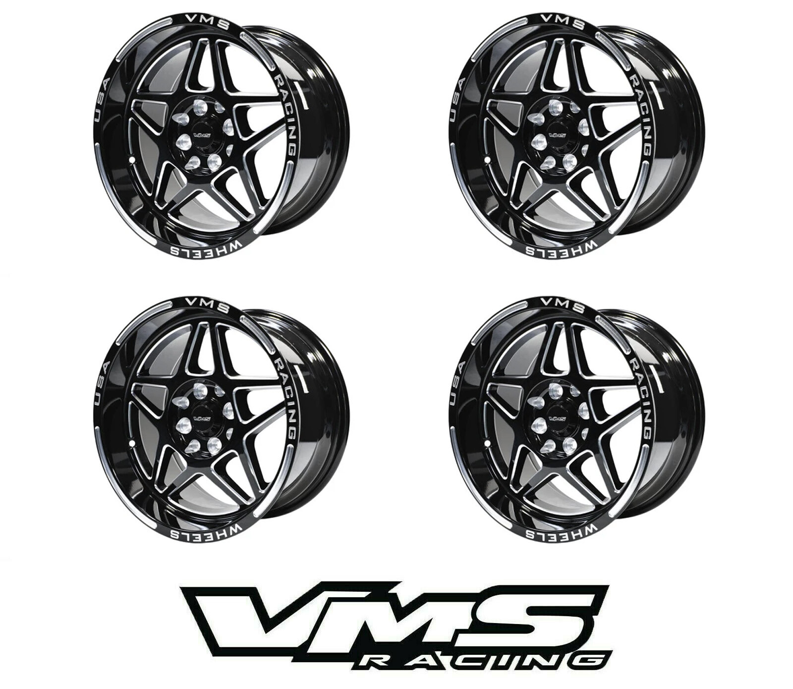 15X8 VMS RACING DELTA BLACK POLISHED DRAG RIMS WHEELS 4X100/4X114 ET20 ...