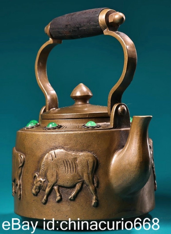 6.8" Old China Copper Gems Carving Dynasty Palace Five Bull Oxen Teapot ...