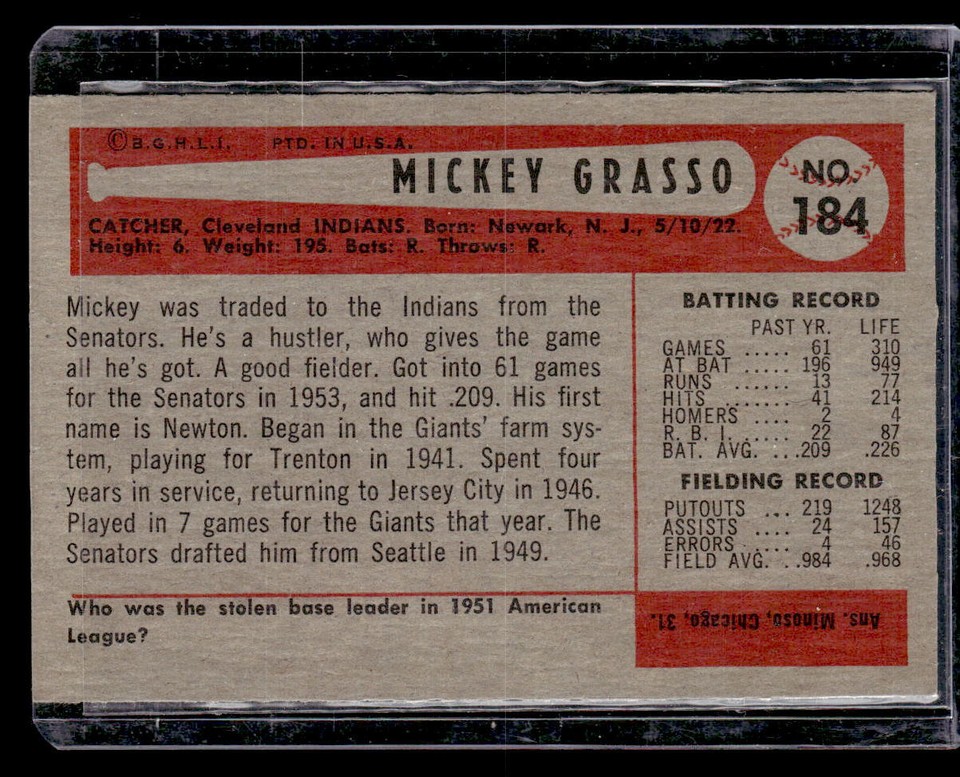 1954 Bowman #184 Mickey Grasso VG | eBay