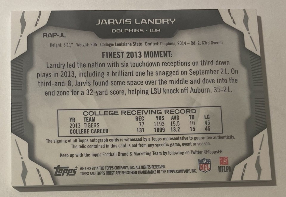 2014 Topps Finest Rookie Jersey Autograph #RAP-JL Jarvis Landry Rc Auto ...