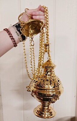 Polished Brass Hanging Incense Burner Orthodox Censer with Boat and ...