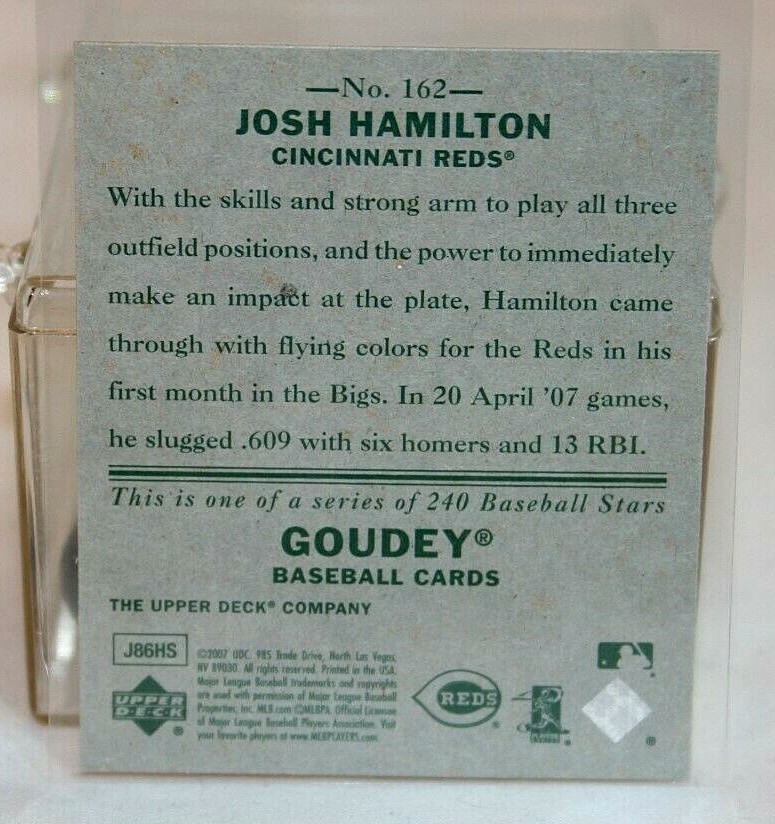 2007 Goudey Josh Hamilton *ROOKIE* Card #162 Mini Green Back Cincinnati ...